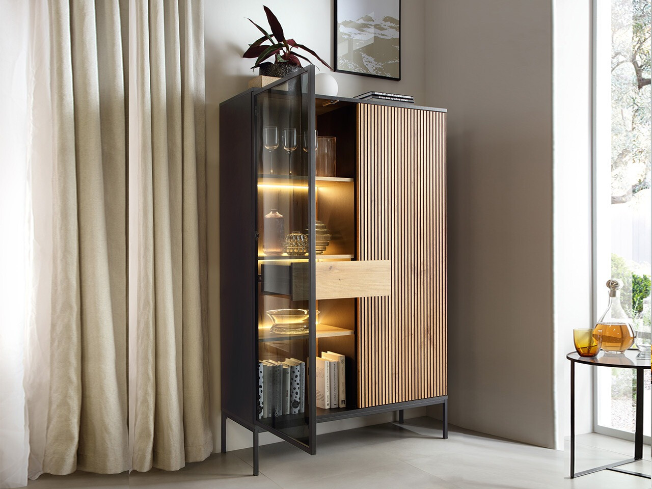 Bookcase Soferi 112 (Black + Wotan Oak) - Bookcases | Epipla1.gr